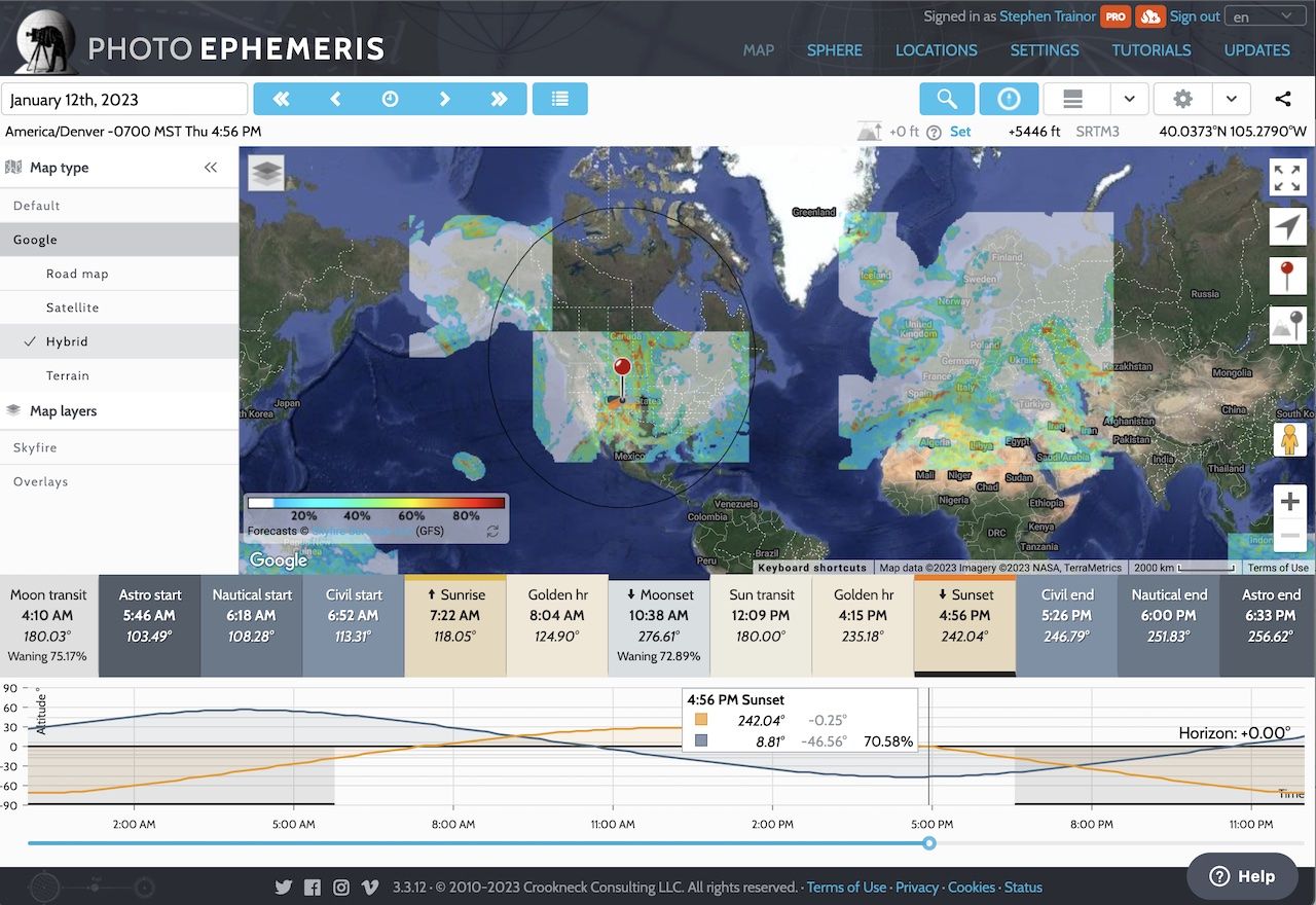 Article: Photo Ephemeris Web 3.3: new maps, Skyfire forecasts